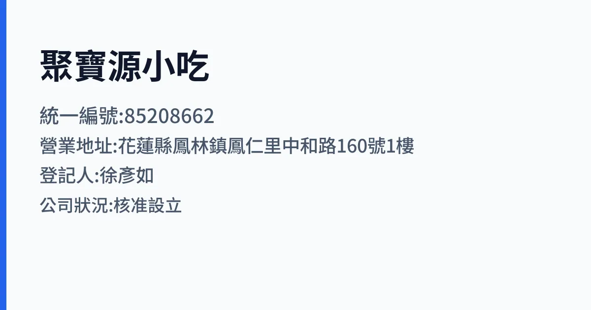 聚寶源小吃 - 統編 85208662（花蓮縣） 公司登記資料與營業項目詳細圖表