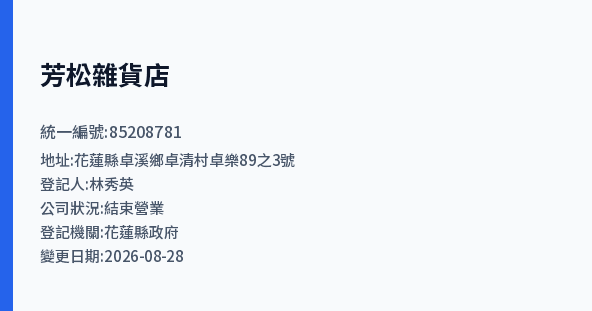 芳松雜貨店的照片-統編 85208781(花蓮縣) 公司登記資料與營業項目詳細圖表