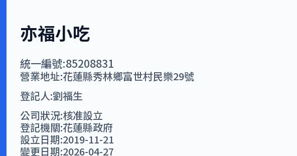 亦福小吃的照片-統編 85208831(花蓮縣) 公司登記資料與營業項目詳細圖表