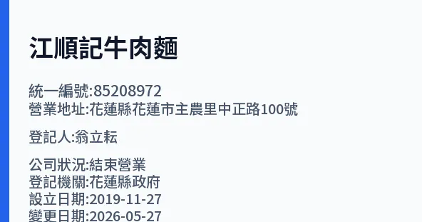 江順記牛肉麵的照片-統編 85208972(花蓮縣) 公司登記資料與營業項目詳細圖表