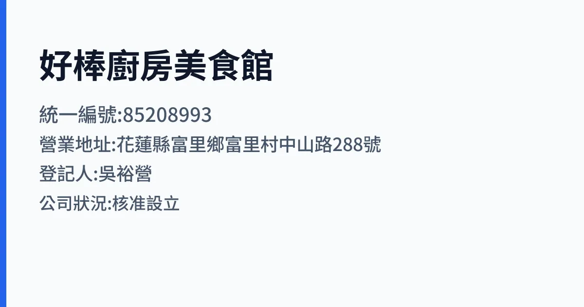 好棒廚房美食館 - 統編 85208993（花蓮縣） 公司登記資料與營業項目詳細圖表