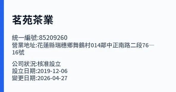 茗苑茶業的照片-統編 85209260(花蓮縣) 公司登記資料與營業項目詳細圖表