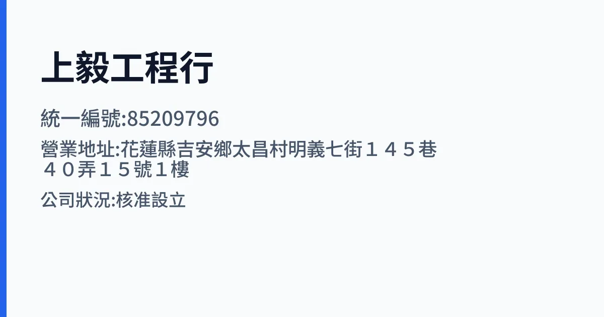 上毅工程行 - 統編 85209796(花蓮縣) 公司登記資料與營業項目詳細圖表