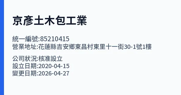 京彥土木包工業的照片-統編 85210415(花蓮縣) 公司登記資料與營業項目詳細圖表