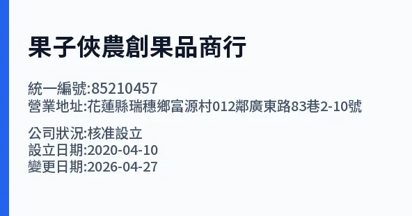 果子俠農創果品商行的照片-統編 85210457(花蓮縣) 公司登記資料與營業項目詳細圖表