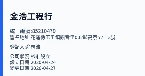金浩工程行的照片-統編 85210479(花蓮縣) 公司登記資料與營業項目詳細圖表