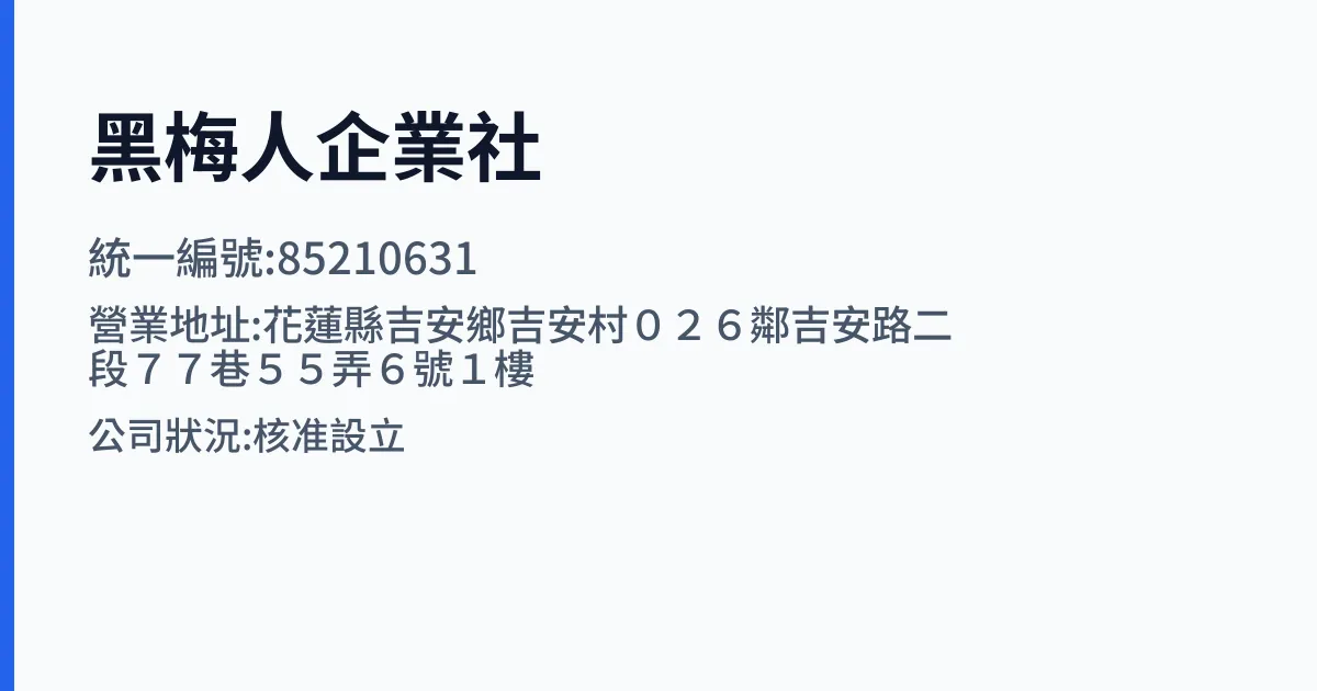 黑梅人企業社 - 統編 85210631(花蓮縣) 公司登記資料與營業項目詳細圖表