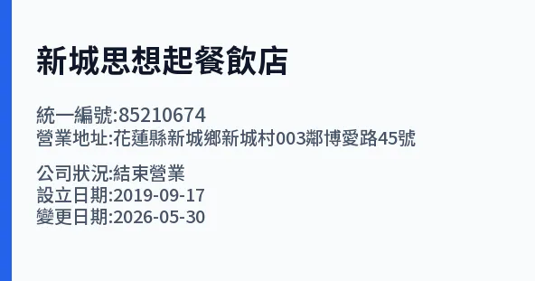 新城思想起餐飲店的照片-統編 85210674(花蓮縣) 公司登記資料與營業項目詳細圖表