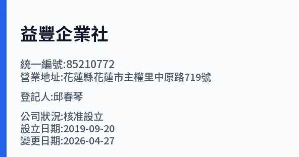 益豐企業社的照片-統編 85210772(花蓮縣) 公司登記資料與營業項目詳細圖表