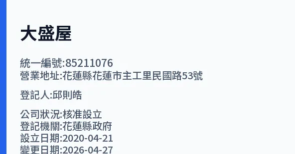 大盛屋的照片-統編 85211076(花蓮縣) 公司登記資料與營業項目詳細圖表