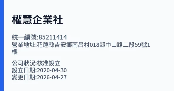 權慧企業社的照片-統編 85211414(花蓮縣) 公司登記資料與營業項目詳細圖表