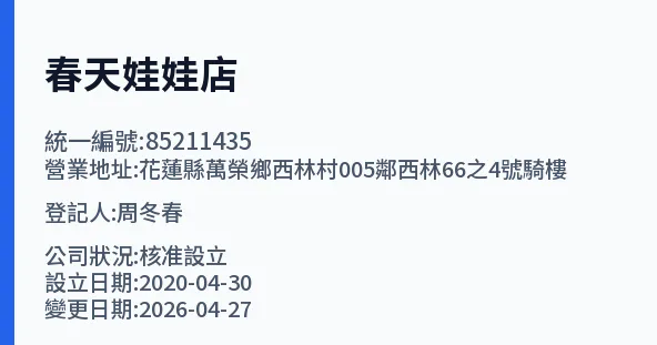 春天娃娃店的照片-統編 85211435(花蓮縣) 公司登記資料與營業項目詳細圖表