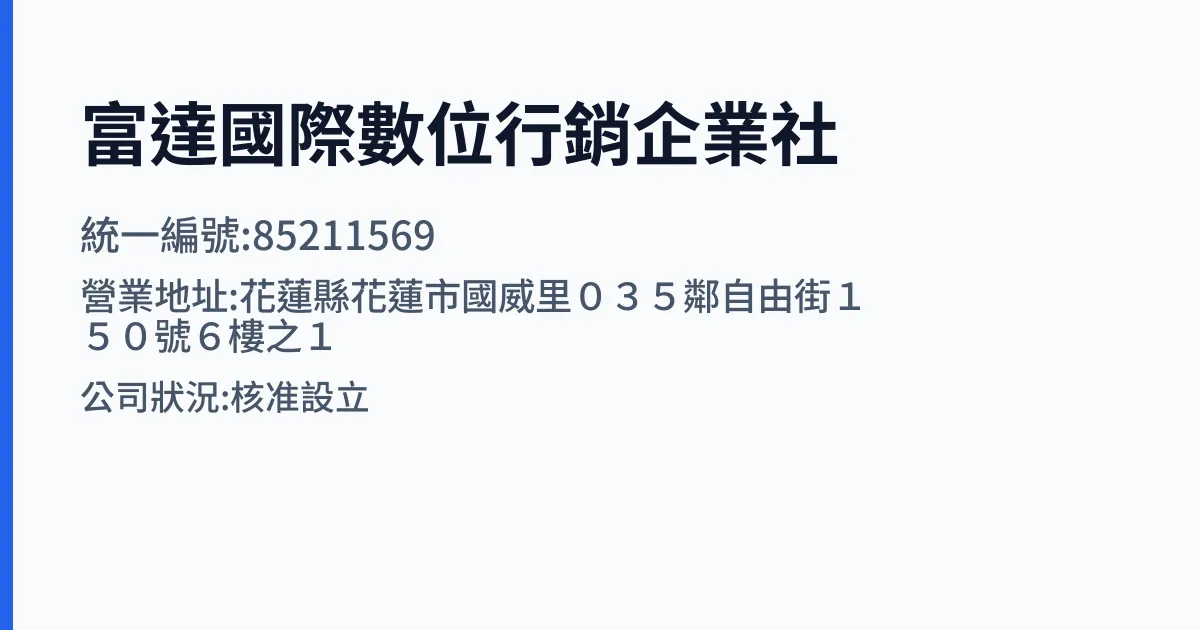 富達國際數位行銷企業社 - 統編 85211569(花蓮縣) 公司登記資料與營業項目詳細圖表