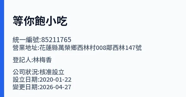 等你飽小吃的照片-統編 85211765(花蓮縣) 公司登記資料與營業項目詳細圖表