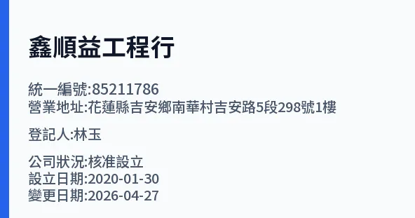 鑫順益工程行的照片-統編 85211786(花蓮縣) 公司登記資料與營業項目詳細圖表