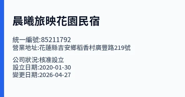 晨曦旅映花園民宿的照片-統編 85211792(花蓮縣) 公司登記資料與營業項目詳細圖表