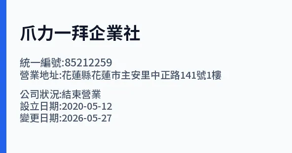 爪力一拜企業社的照片-統編 85212259(花蓮縣) 公司登記資料與營業項目詳細圖表