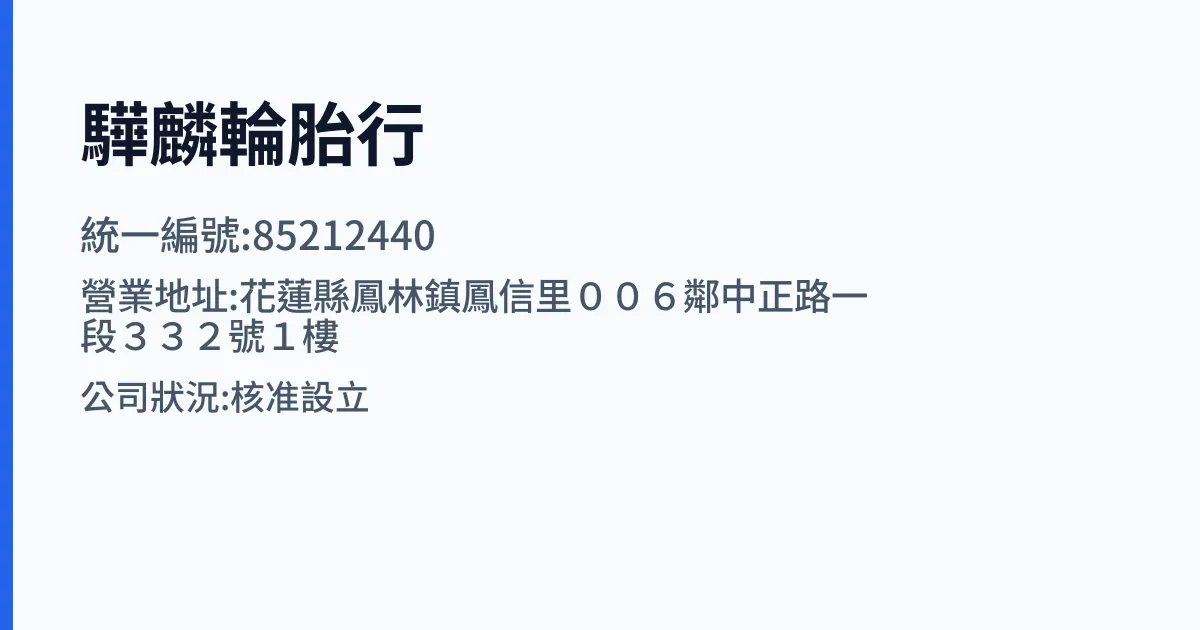 驊麟輪胎行 - 統編 85212440(花蓮縣) 公司登記資料與營業項目詳細圖表
