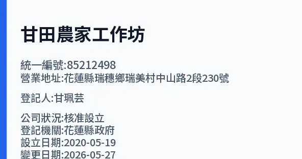 甘田農家工作坊的照片-統編 85212498(花蓮縣) 公司登記資料與營業項目詳細圖表
