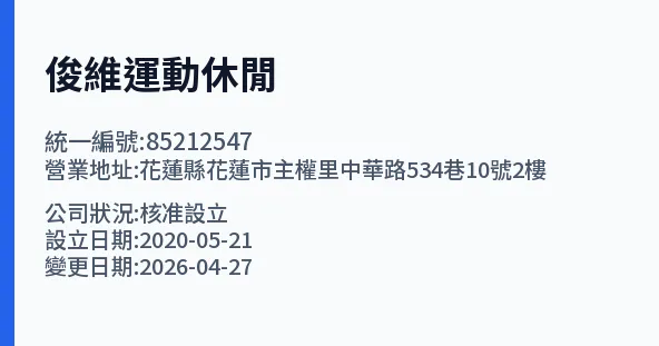 俊維運動休閒的照片-統編 85212547(花蓮縣) 公司登記資料與營業項目詳細圖表