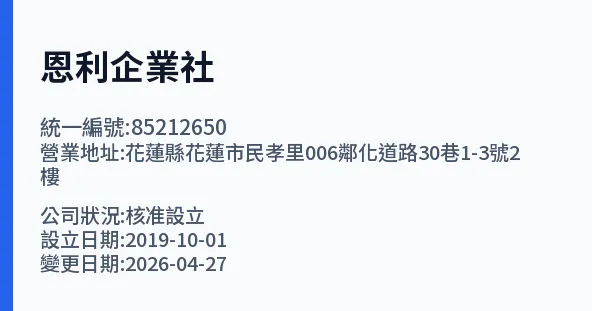 恩利企業社的照片-統編 85212650(花蓮縣) 公司登記資料與營業項目詳細圖表