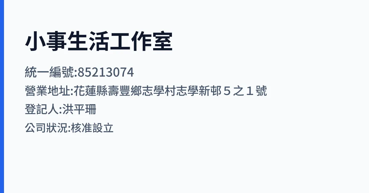 小事生活工作室 - 統編 85213074(花蓮縣) 公司登記資料與營業項目詳細圖表