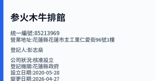 参火木牛排館的照片-統編 85213969(花蓮縣) 公司登記資料與營業項目詳細圖表