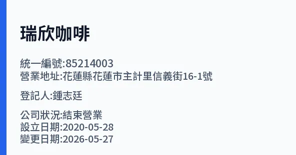 瑞欣咖啡的照片-統編 85214003(花蓮縣) 公司登記資料與營業項目詳細圖表