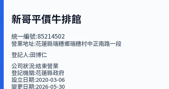 新哥平價牛排館的照片-統編 85214502(花蓮縣) 公司登記資料與營業項目詳細圖表