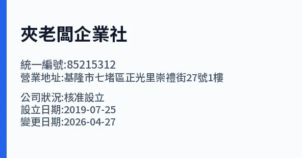 夾老闆企業社的照片-統編 85215312(基隆市) 公司登記資料與營業項目詳細圖表