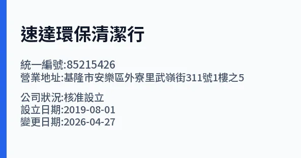 速達環保清潔行的照片-統編 85215426(基隆市) 公司登記資料與營業項目詳細圖表