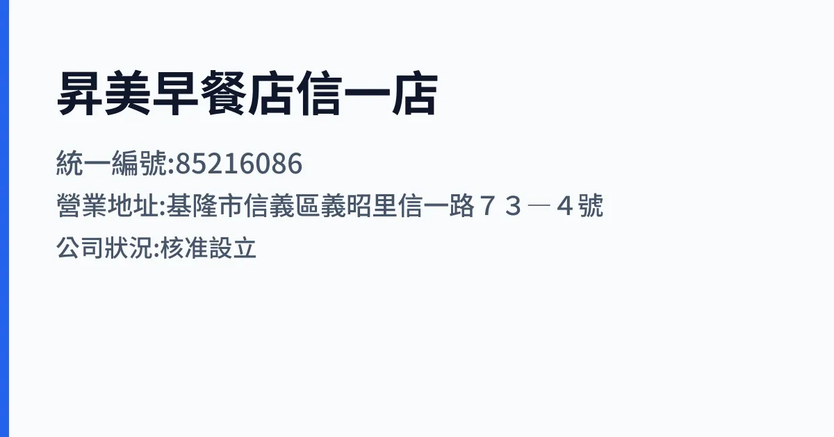 昇美早餐店信一店 - 統編 85216086(基隆市) 公司登記資料與營業項目詳細圖表