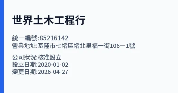 世界土木工程行的照片-統編 85216142(基隆市) 公司登記資料與營業項目詳細圖表