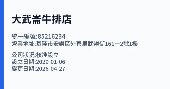 大武崙牛排店的照片-統編 85216234(基隆市) 公司登記資料與營業項目詳細圖表