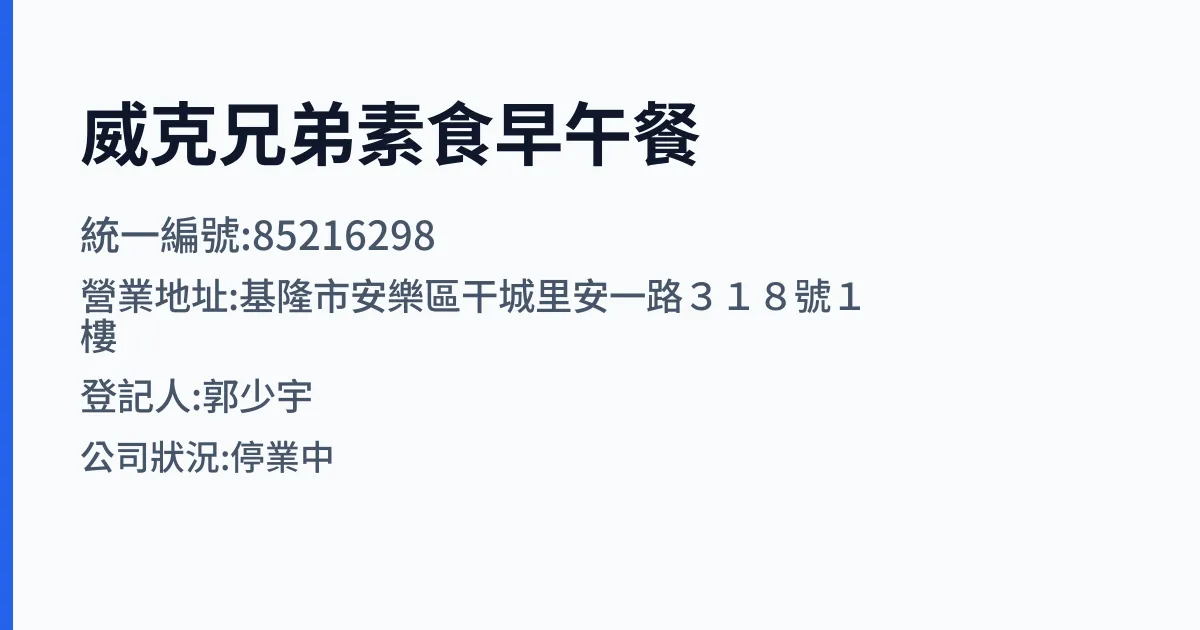 威克兄弟素食早午餐 - 統編 85216298(基隆市) 公司登記資料與營業項目詳細圖表