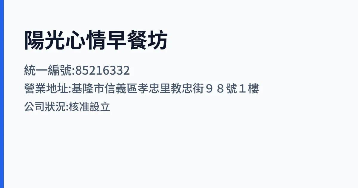 陽光心情早餐坊 - 統編 85216332(基隆市) 公司登記資料與營業項目詳細圖表