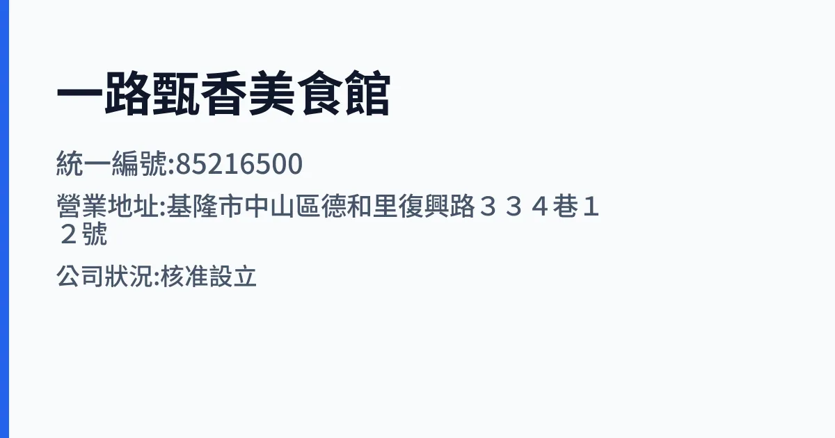 一路甄香美食館 - 統編 85216500(基隆市) 公司登記資料與營業項目詳細圖表