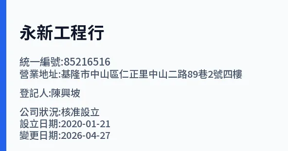 永新工程行的照片-統編 85216516(基隆市) 公司登記資料與營業項目詳細圖表