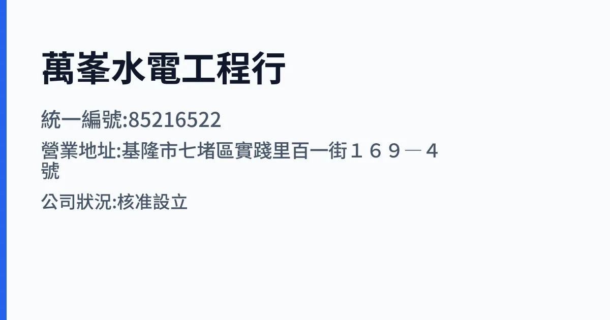 萬峯水電工程行 - 統編 85216522(基隆市) 公司登記資料與營業項目詳細圖表