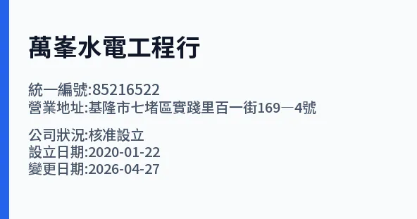 萬峯水電工程行的照片-統編 85216522(基隆市) 公司登記資料與營業項目詳細圖表