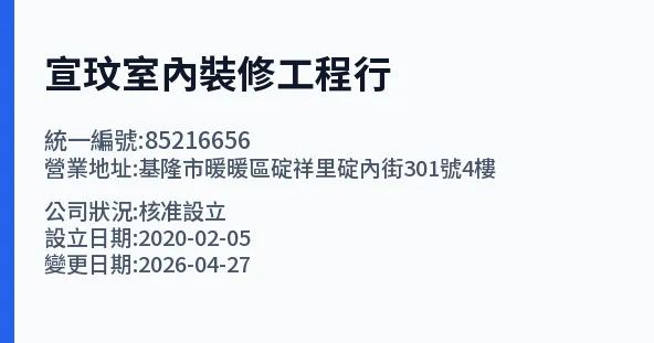 宣玟室內裝修工程行的照片-統編 85216656(基隆市) 公司登記資料與營業項目詳細圖表
