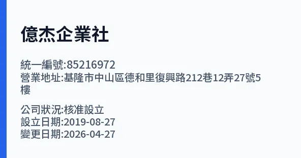 億杰企業社的照片-統編 85216972(基隆市) 公司登記資料與營業項目詳細圖表