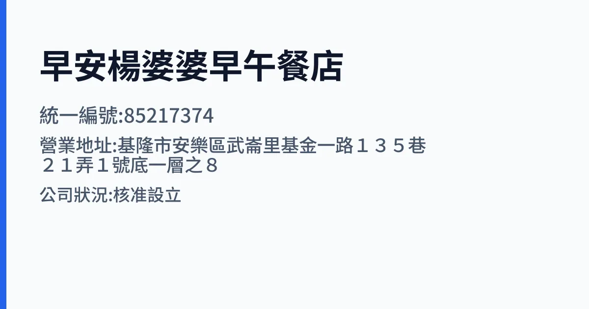 早安楊婆婆早午餐店 - 統編 85217374(基隆市) 公司登記資料與營業項目詳細圖表