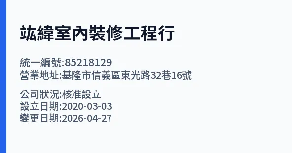 竑緯室內裝修工程行的照片-統編 85218129(基隆市) 公司登記資料與營業項目詳細圖表