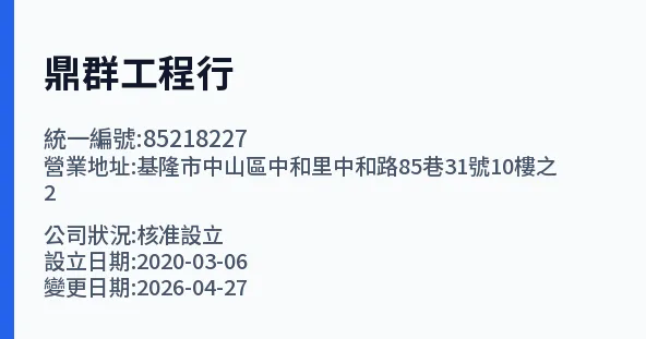 鼎群工程行的照片-統編 85218227(基隆市) 公司登記資料與營業項目詳細圖表