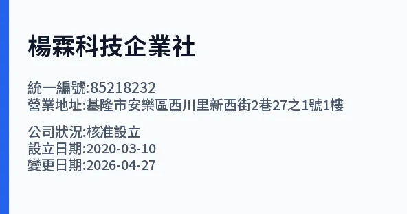 楊霖科技企業社的照片-統編 85218232(基隆市) 公司登記資料與營業項目詳細圖表