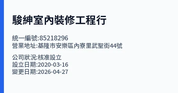 駿紳室內裝修工程行的照片-統編 85218296(基隆市) 公司登記資料與營業項目詳細圖表