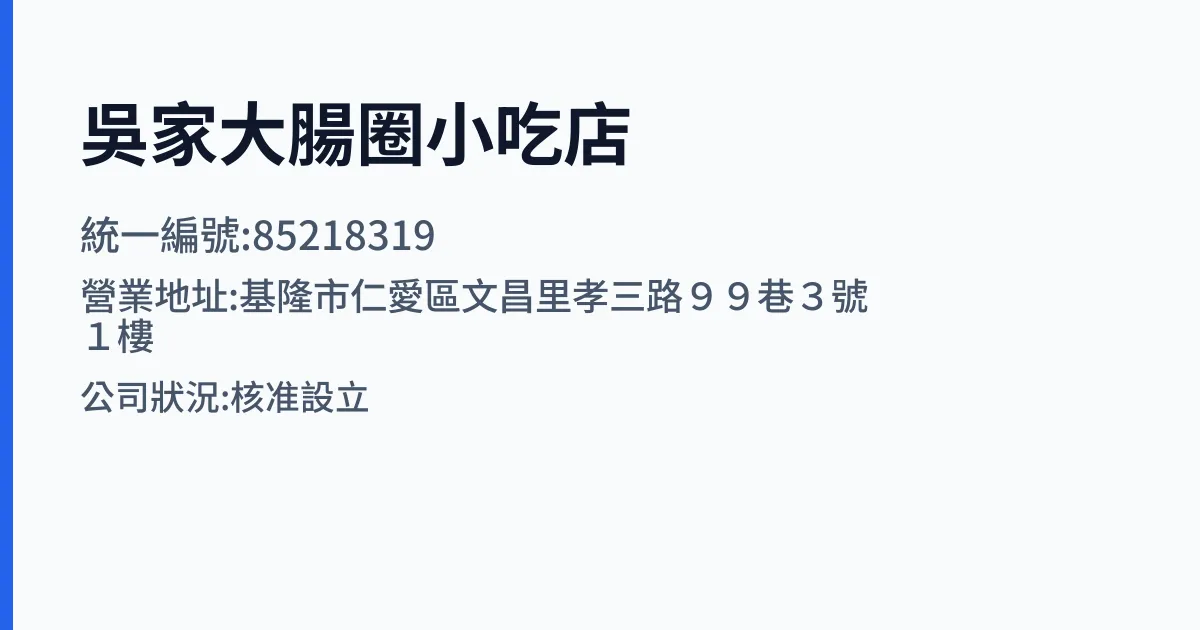 吳家大腸圈小吃店 - 統編 85218319(基隆市) 公司登記資料與營業項目詳細圖表