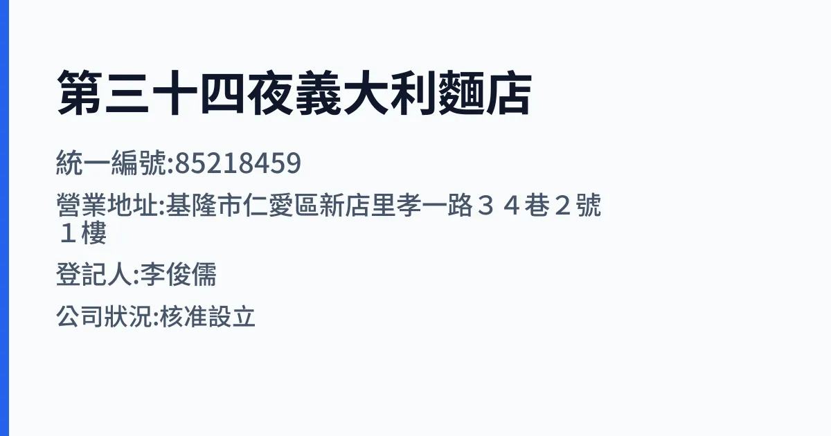 第三十四夜義大利麵店 - 統編 85218459(基隆市) 公司登記資料與營業項目詳細圖表