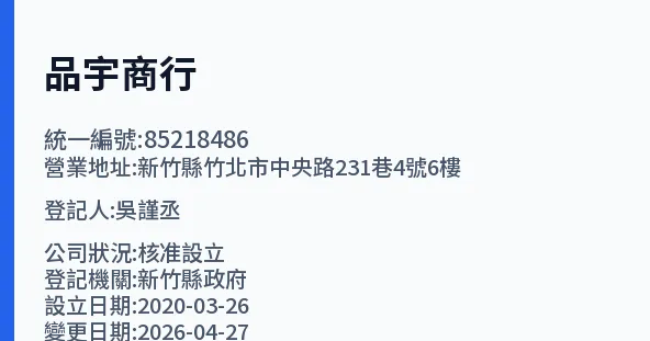 品宇商行的照片-統編 85218486(新竹縣) 公司登記資料與營業項目詳細圖表